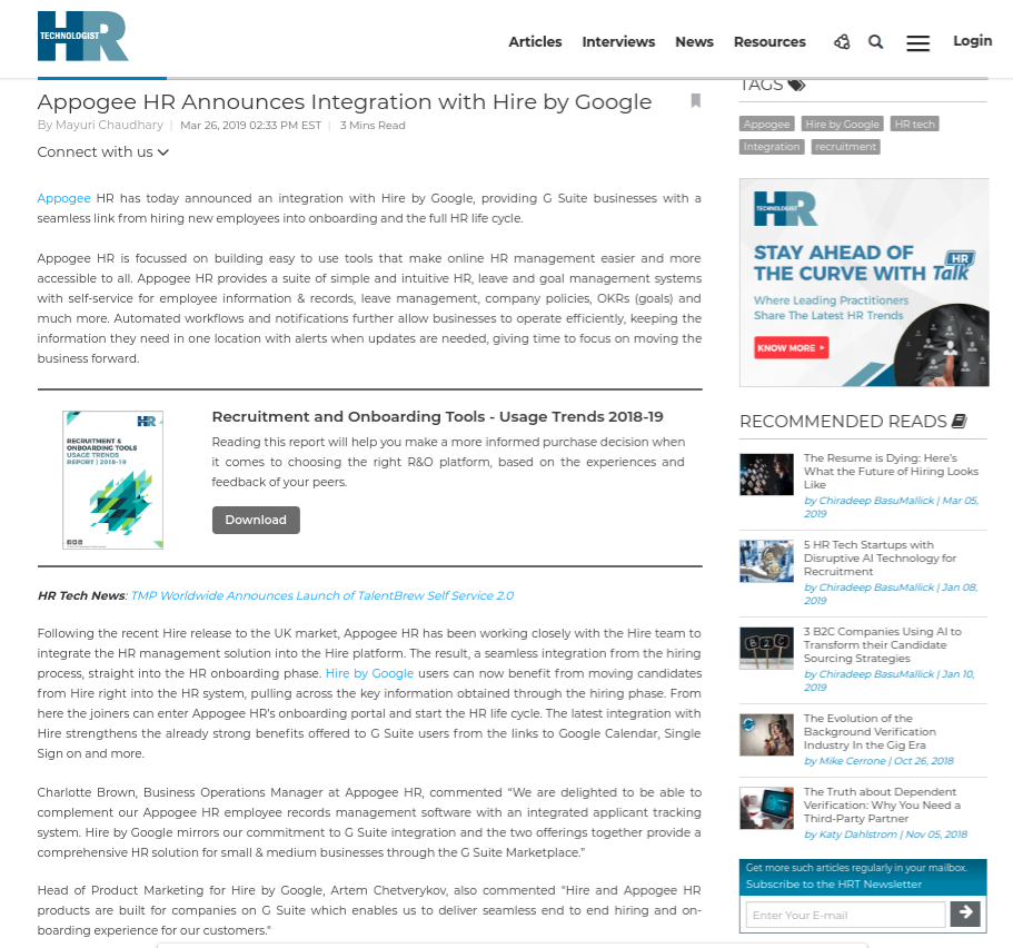 HR Technologist: Appogee HR Announces Integration with Hire by Google ...