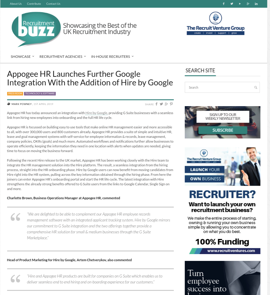 Recruitment Buzz: Appogee HR Launches Further Google Integration With ...